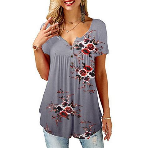 Ziyixin Women Summer Casual Floral V Neck Short Sleeve T Shirts