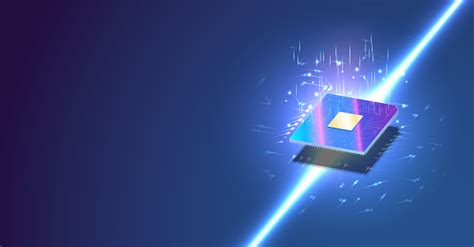 cpu 등대 배너입니다 제어 컴퓨터 프로세서 cpu 개념 파란색 배경에 조명이 있는 벡터 미래 형 마이크로 칩 프로세서 양자