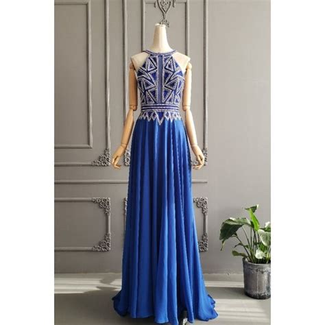 Beautiful A Line Long Royal Blue Chiffon Beaded Prom Evening Dress