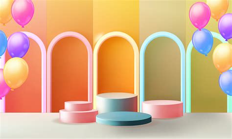 연단 아치 및 풍선과 같은 추상적인 배경 3d 벡터 일러스트 레이 션 3차원 형태에 대한 스톡 벡터 아트 및 기타 이미지 3