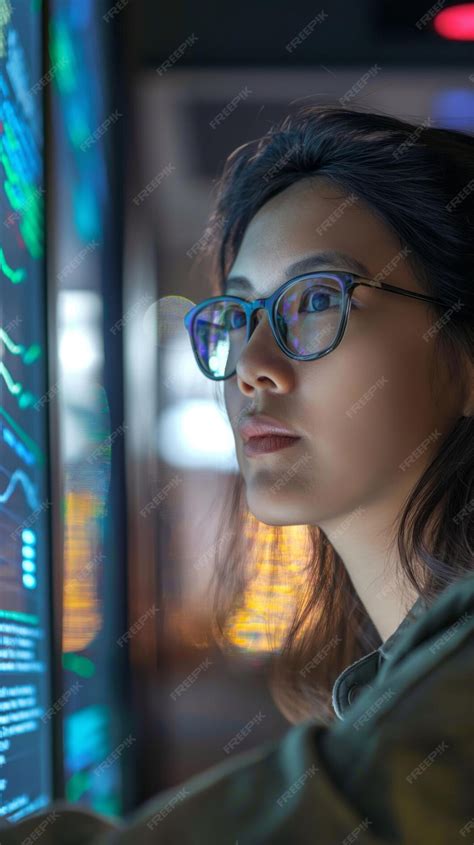 Dedicated Female Data Scientist Examines Complex Data Visualizations On A Screen With Focus And