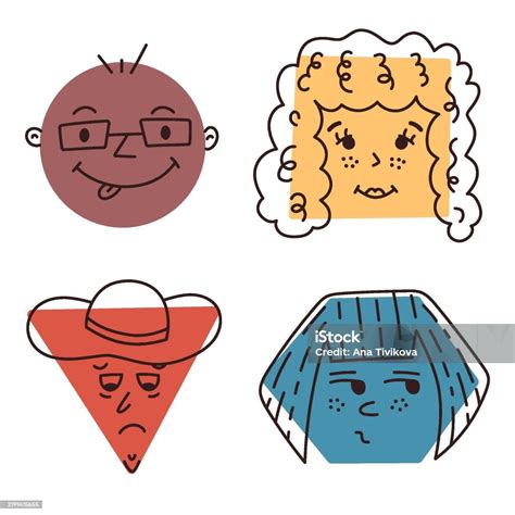 기하학적 모양으로 행복 슬픔 불쾌한 감정으로 설정된 귀여운 다채로운 만화 얼굴 아이콘 다양한 감정을 가진 손으로 그린 크레용 캐리커처 이모티콘 흰색에 고립된 유머 캐릭터의