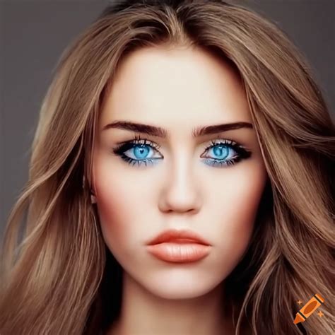 Portrait Of A Beautiful Woman With Tan Skin And Blue Catlike Eyes On