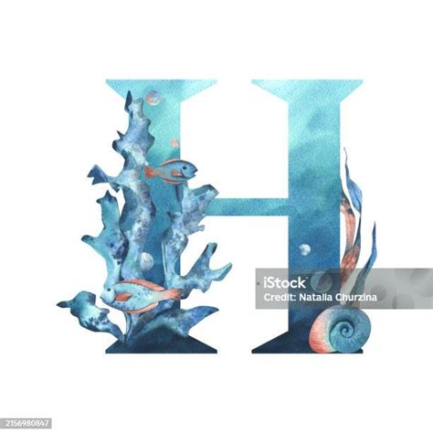 대문자 H는 산호 조개 조류 거품 파란색 및 산호 색상으로 젖은 테마로 장식된 라틴 알파벳의 일부입니다 손으로 그린 수채화