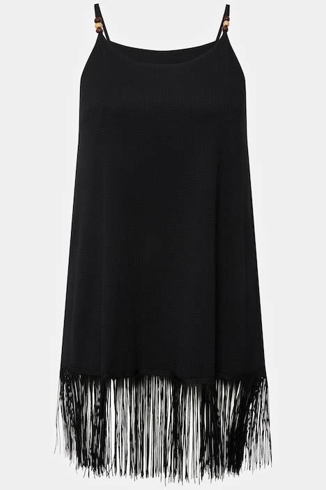 Fringed Hem Spaghetti Strap Tank Black Ulla Popken