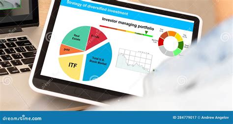 Strategy Of Diversified Investment Investor Managing Portfolio Pie Chart And Candlestick
