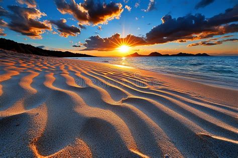 Sunset Sky And Shadows Is Highlighted In A Realistic Photo Of A Beach