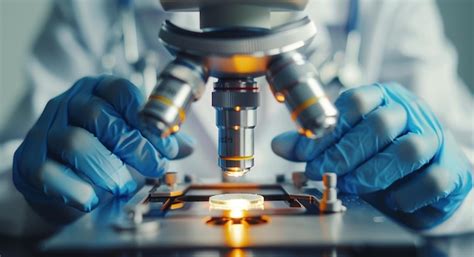 Closeup Shot Of Microscope With Metal Lens At Laboratory Premium Ai
