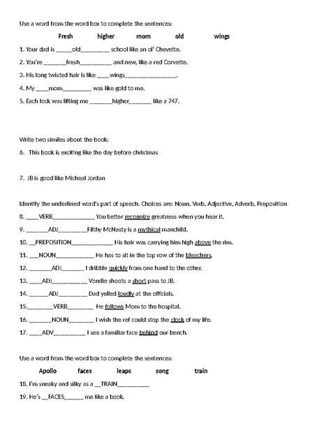 similes and grammar use a word from the word box to complete the