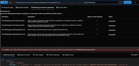 Msgraph Intune Api Devicemanagementmanageddevicesgetoemwarranty Returns Forbidden But I
