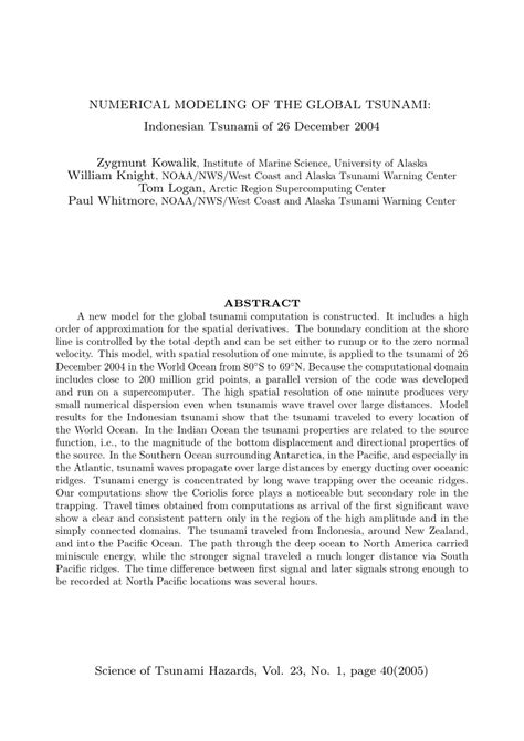 Pdf Numerical Modeling Of The Global Tsunami Indonesian Tsunami Of 26 December 2004
