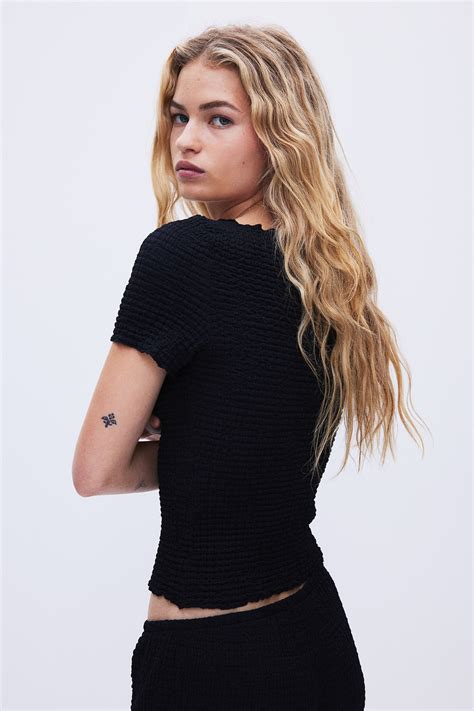 Overlock Detail Textured T Shirt Black Ladies Handm Gb