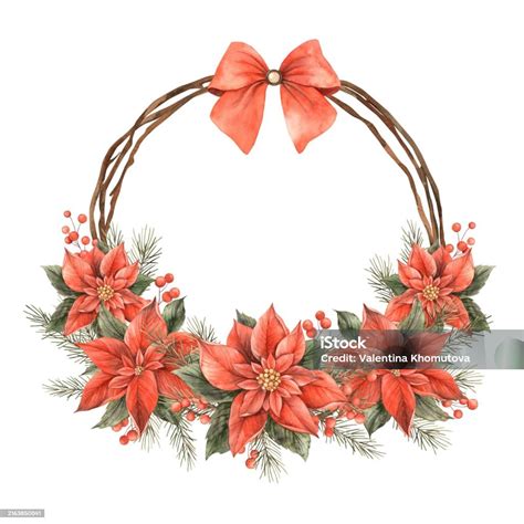 포인세티아 크리스마스 빨간 꽃 전나무 가지 빨간 열매 및 둥근 마른 가지 수채화 식물 휴일 라운드 프레임 화 환 크리스마스와 새해 휴일 초대장 카드를 위한 그림 0명에 대한