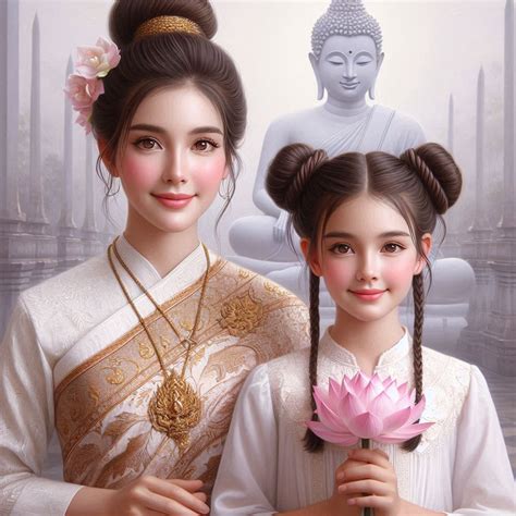 ความงามของวัฒนธรรมไทย แม่และลูกในชุดไทย ภาพครอบครัวชาวพุทธสร้างด้วย