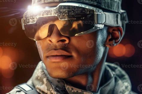 Close Up Of A Soldier Using High Tech Sunglasses With Holographic