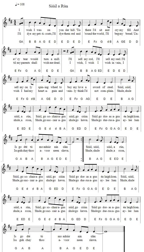Siúil A Rún Tin Whistle Tab And Piano Letter Notes Irish Folk Songs