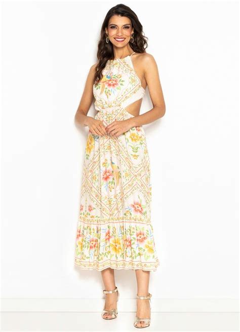 Vestido Cropped De Viscose Jardim De Araras Bege Farm