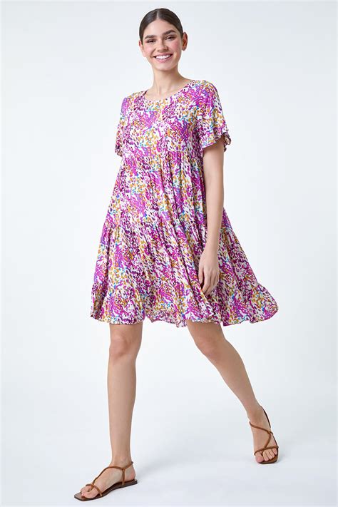 Pink Abstract Print Tiered Smock Dress Roman Uk