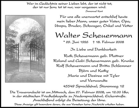 Traueranzeigen Von Walter Scheuermann Trauer In Nrw De