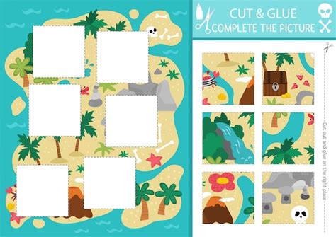 ベクトルの海賊カット アンド グルー アクティビティ かわいい宝島の地図を使ったクラフト ゲーム 楽しい海の冒険 子供向けの印刷可能なワーク
