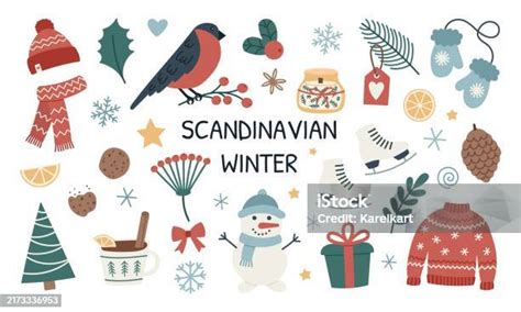 북유럽 겨울 세트입니다 아늑한 스티커 손으로 그린 벡터 일러스트 레이 션 겨울에 대한 스톡 벡터 아트 및 기타 이미지 겨울 일러스트레이션 스카프 Istock