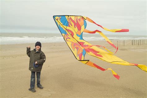 Yong Junge Der Mit Seinem Drachen Auf Dem Strand Spielt Stockfoto