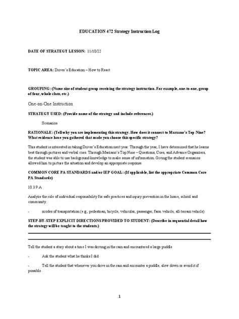 Edu 472 Strategy Instruction Log Drivers Ed Scenarios Pdf Behavior