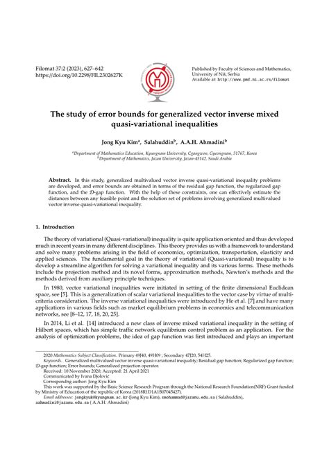 Pdf The Study Of Error Bounds For Generalized Vector Inverse Mixed Quasi Variational Inequalities