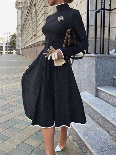 Regular Fit Elegant Turtleneck Long Sleeve Midi Dress Long Sleeve