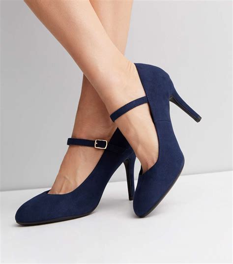 Wide Fit Navy Suedette Rounded Stiletto Heel Court Shoes New Look