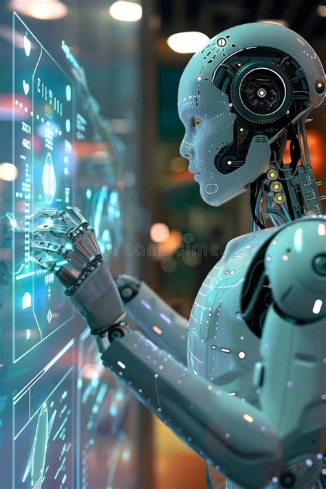 Advanced Humanoid Robot Interacting with a Futuristic Touchscreen ...
