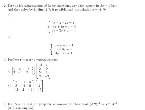Solved For The Following Systems Of Linear Equations Chegg