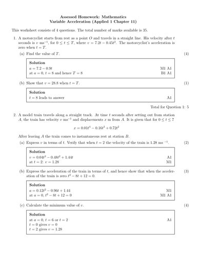 Edexcel Applied 1 Chapter 11 Homework Variable Acceleration Teaching Resources