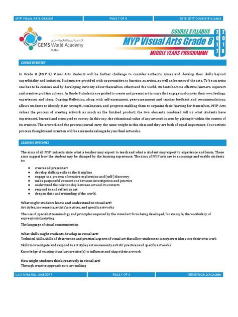 Myp Course Syllabus Visual Arts Grade 8 2017 2018 Pdf