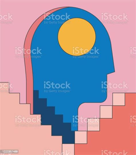 불면증 심리학 정신 건강 개념 그림 출입구 및 추상 건축 계단으로 인간의 머리 실루엣 미니멀 한 트렌디 한 플랫 스타일 벡터