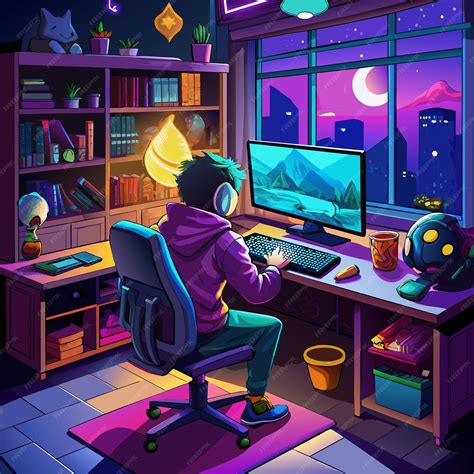 A Cartoon Of A Man Working At A Computer With A Night Sky And A Book On The Floor Premium Ai