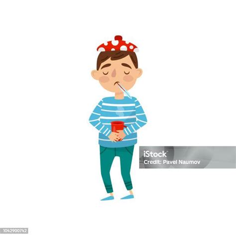 뜨거운 차 온도계 및 압축의 컵 아픈 소년 감기와 독감의 증상을 가진 아이 평면 벡터 디자인 건강관리와 의술에 대한 스톡 벡터 아트 및 기타 이미지 Istock