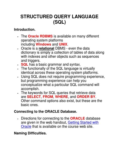 structured query language pdf sql oracle database