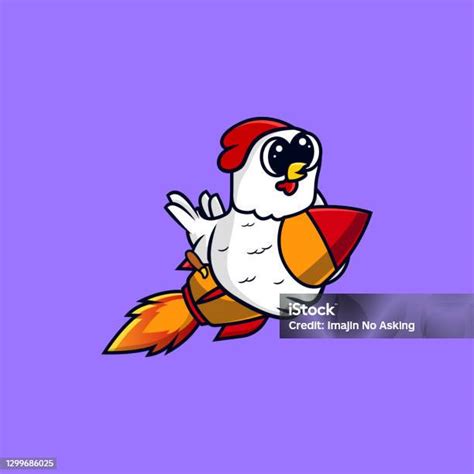 귀여운 치킨은 로켓과 비행 귀여운 마스코트 캐릭터 로고 비즈니스 로고 회사 마스코트 아이콘 일러스트개념 격리 프리미엄 벡터 플랫 만화 스타일 날기에 대한 스톡 벡터 아트 및