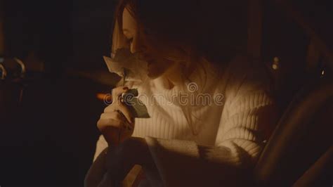 Sensual Woman Smelling White Rose Car Seats Background Lightning At