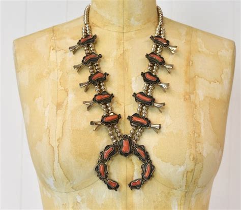 1960s Coral Squash Blossom Sterling Silver Necklace Gem