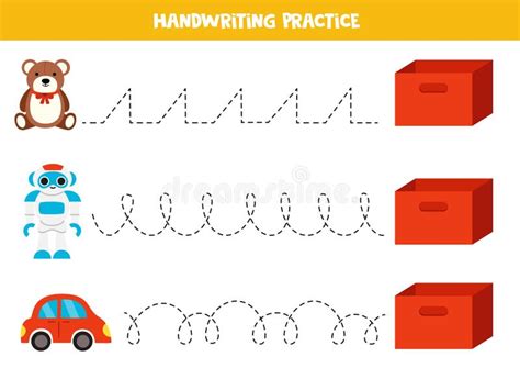 Tracing Lines with Cute Cartoon Toys and Box. Writing Practice. Stock ...
