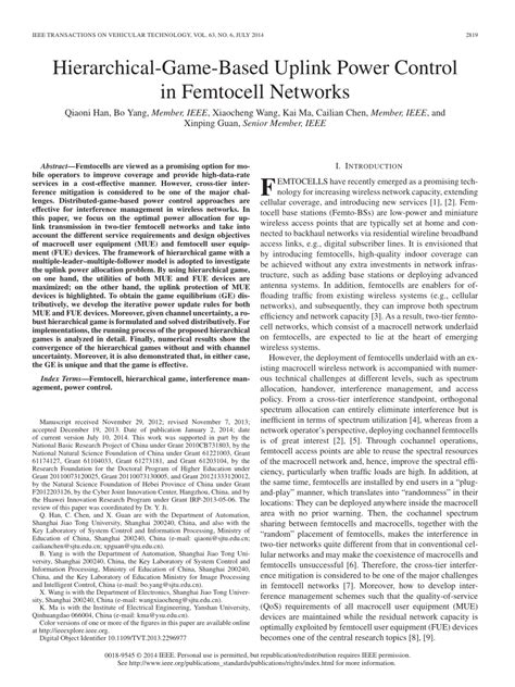 Pdf Hierarchical Game Based Uplink Power Control In Femtocell Networks