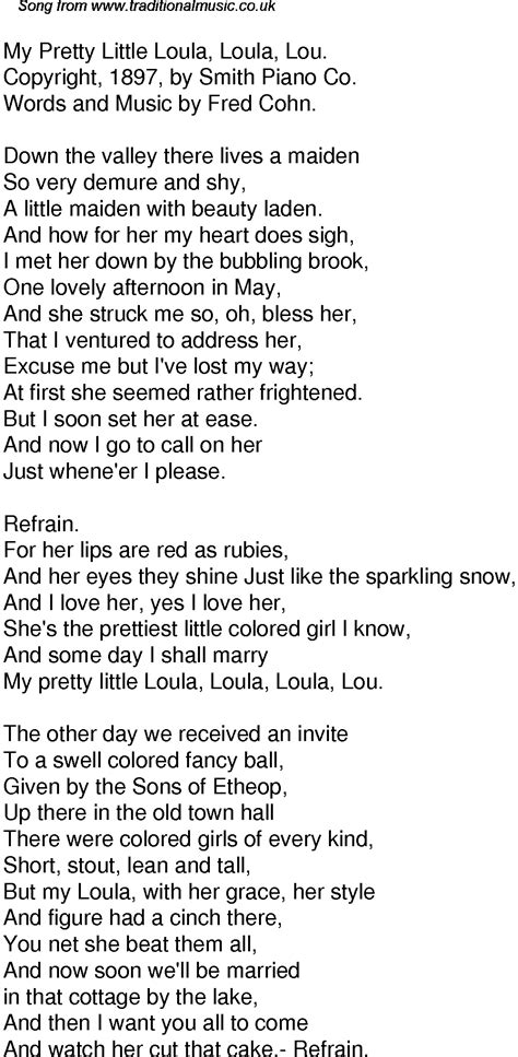 Old Time Song Lyrics For 61 My Pretty Little Loula Loula Lou