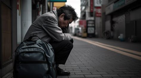 아시아 남자가 쓰러졌다 신종 코로나의 영향으로 직장을 잃고 우울한 남자 고화질 사진 사진 도로 표면 배경 일러스트 및 사진