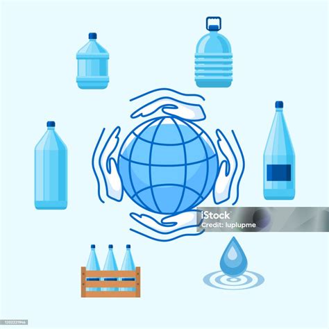 節約水概念向量插圖世界水日生態概念資訊圖生態範本設計與瓶裝水藍色滴的標誌和行星保存圖示向量圖形及更多瓶圖片 瓶 保護 信息圖形