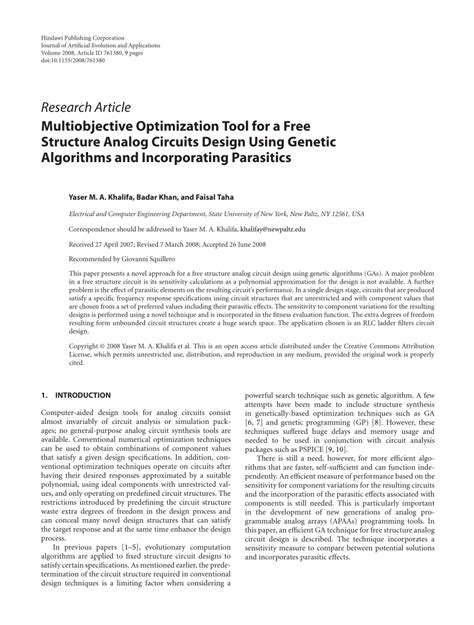 Pdf Multiobjective Optimization Tool For A Free Structure Analog Circuits Design Using Genetic