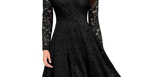Buy Lace Patchwork V Neck Flare Knee Length Dress Black Fashion