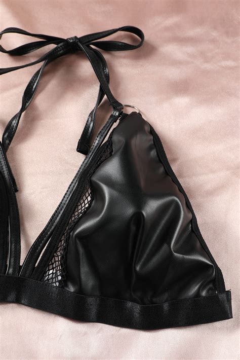 Black Halter Strappy Faux Leather Mesh Lingerie Set Dvl Shop