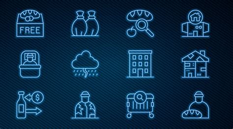 세트 라인 노숙자 노숙자 골판지 집 음식 검색 비가 구름 침낭 기부 다층 건물 및 쓰레기 아이콘 벡터 건강관리와 의술에 대한 스톡 벡터 아트 및 기타 이미지 Istock